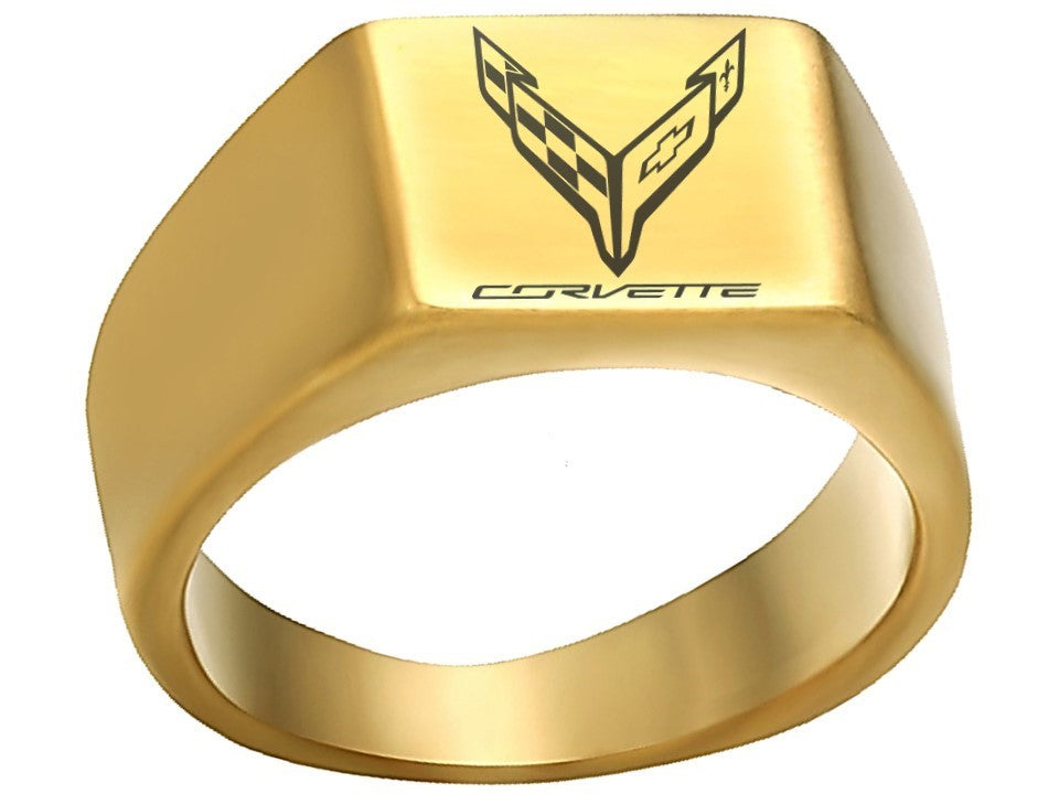 Premium Titanium C8 Corvette Ring - Gold Finish | Sizes 8-12 Available ...