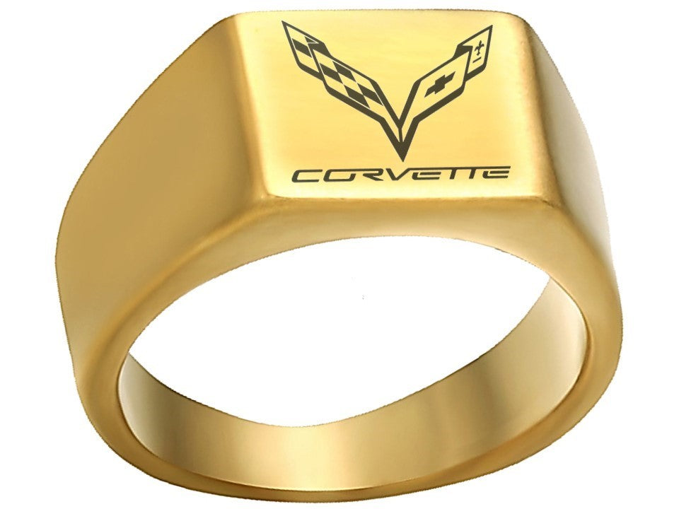 Premium Titanium C7 Corvette Ring - Gold Finish | Sizes 8-12 Available ...