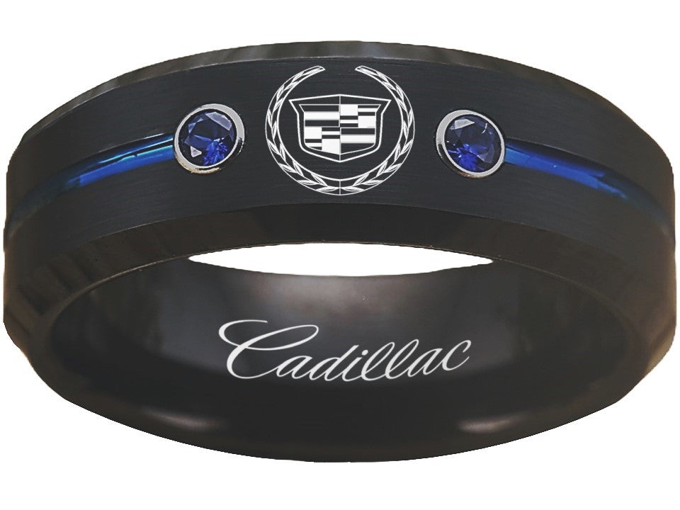 Cadillac Ring Cadillac Wedding Band Black & Blue CZ Logo Ring sizes 6 ...